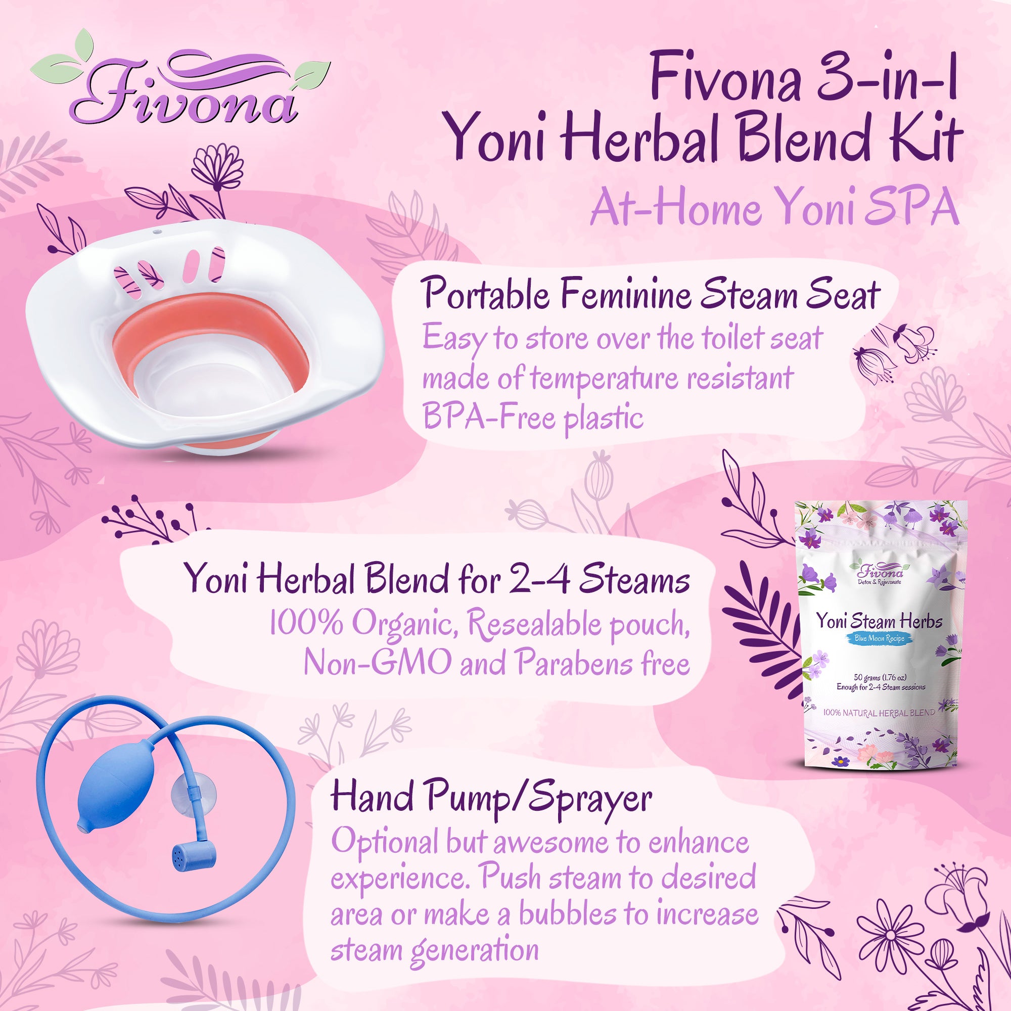 Yoni Steam Kit Bundle of Seat with Hand Flusher and Blue Moon Recipe ...