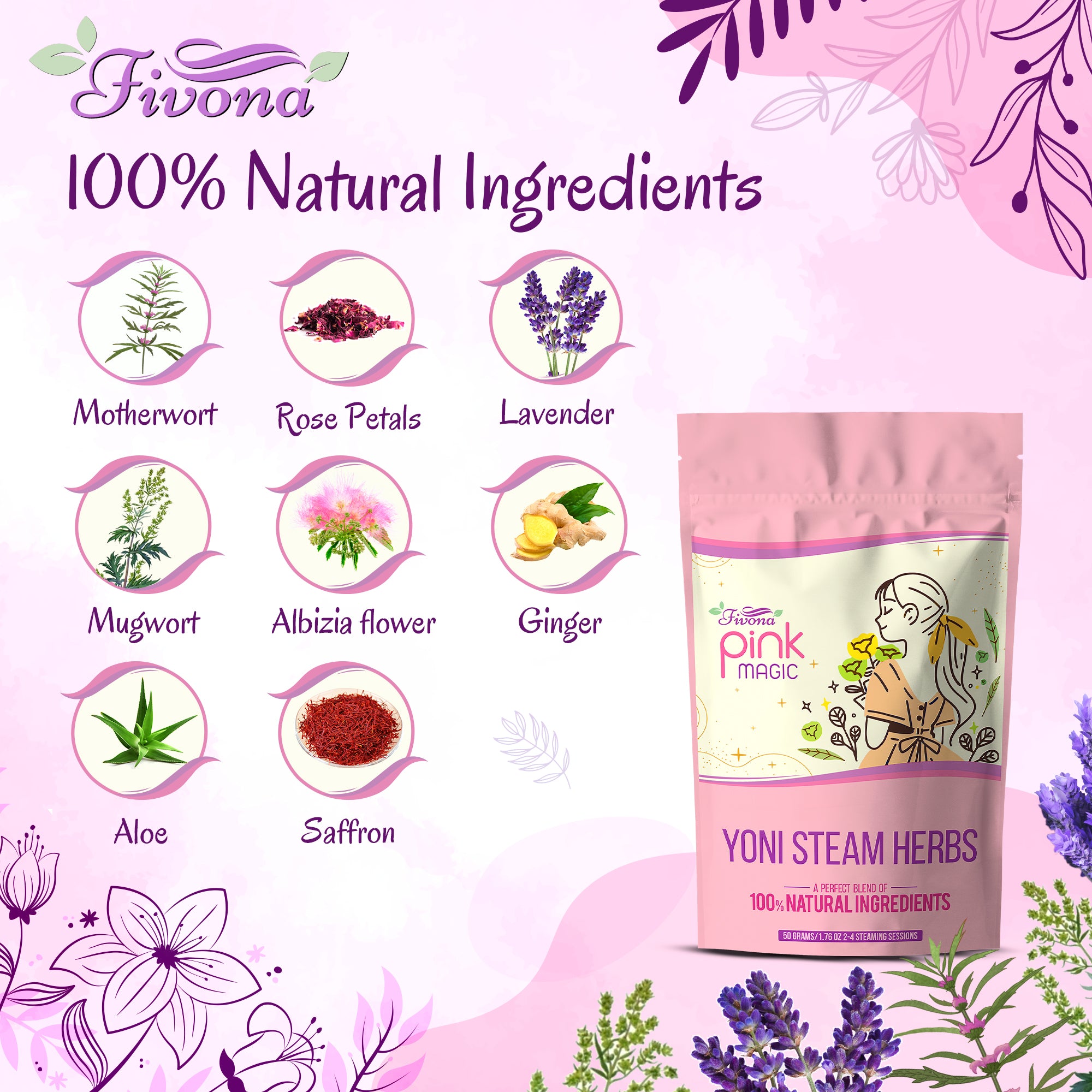 Fivona Pink Magic Yoni Steam Herbs Organic V-steaming (50g/1.76oz ...